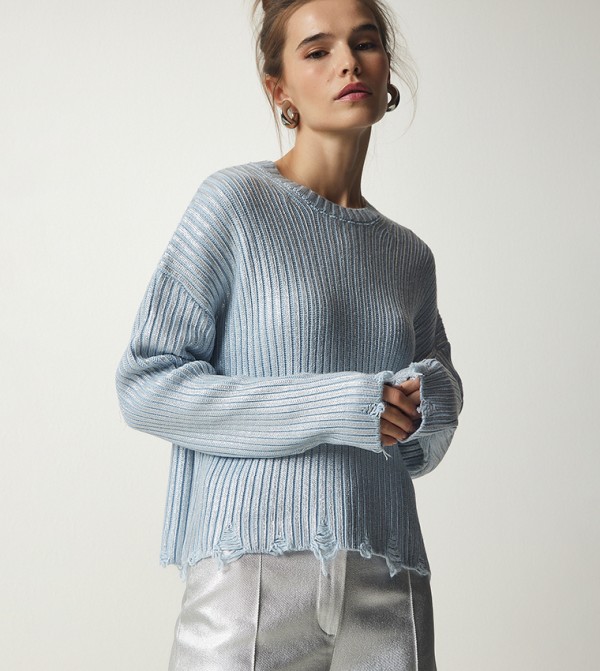 Buy Happiness İstanbul Shimmery Ripped Detailed Knitted Sweater In Blue ...