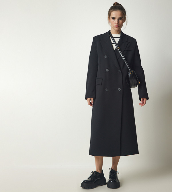 Buy Happiness İstanbul Double Breasted Collar Slit Long Coat In Black ...