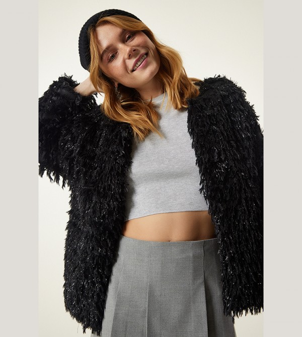 Buy Happiness İstanbul Long Sleeves Plush Fur Jacket In Black ...