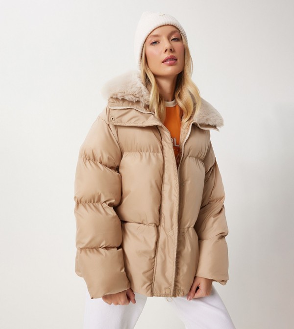 Buy Happiness İstanbul Faux Fur Collared Puffer Jacket In Beige ...