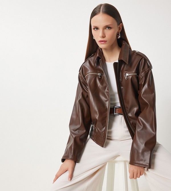 Buy Happiness İstanbul Faux Leather Biker Jacket In Brown | 6thStreet ...