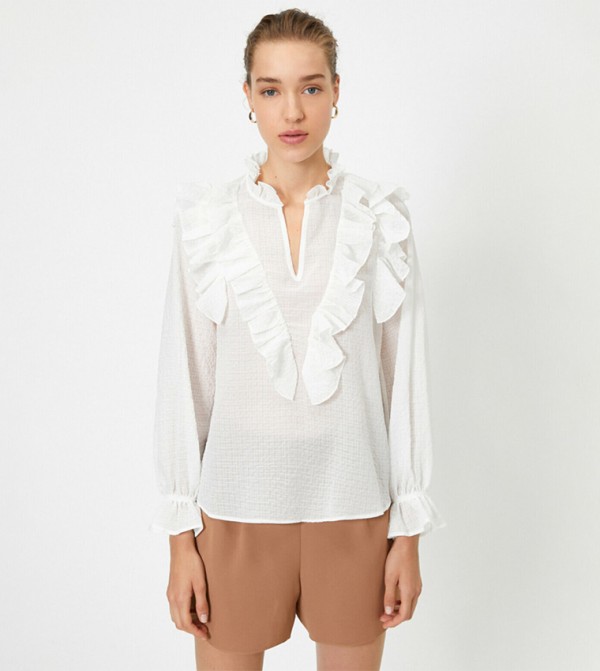 Buy Koton Long Sleeve Collared Neck Top In White | 6thStreet Saudi Arabia