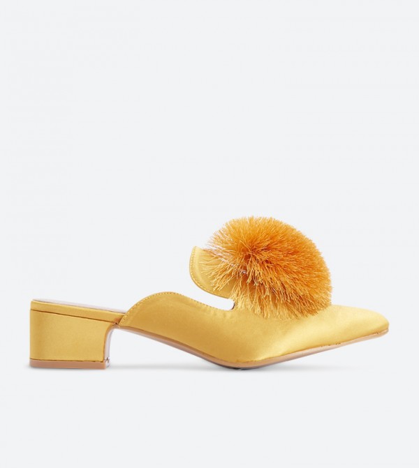 Buy ZAHA @ CCC Pom Pom Details Block Heel Mid Heel Mules Yellow 890 B15 ...