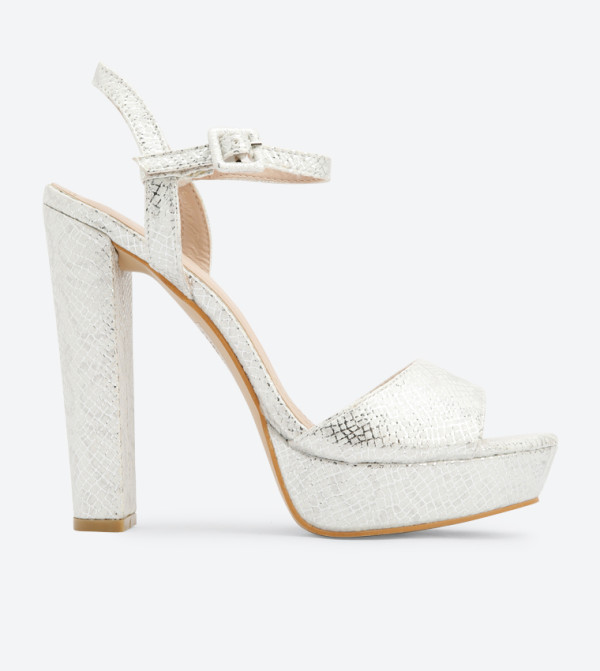 Buy ZAHA @ CCC Stacked Heel Buckle Closure High Heel Sandals Silver 912 ...
