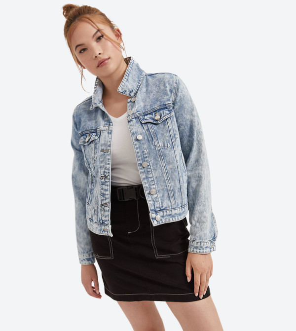 Buy Ardene Acid Wash Effect Long Sleeve Denim Jacket Blue In Blue ...