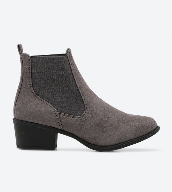 Buy Ardene Side Elastic Panels Block Heel Round Toe Ankle Boots Grey In ...