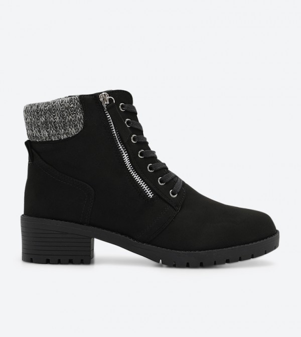 Buy Ardene Knitted Cuffs Block Heel Lace Up Combat Boots Black In Black ...