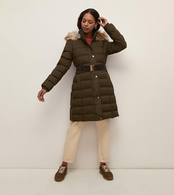 Buy Oasis Midi Belted Padded Puffer Jacket In Khaki | 6thStreet Qatar