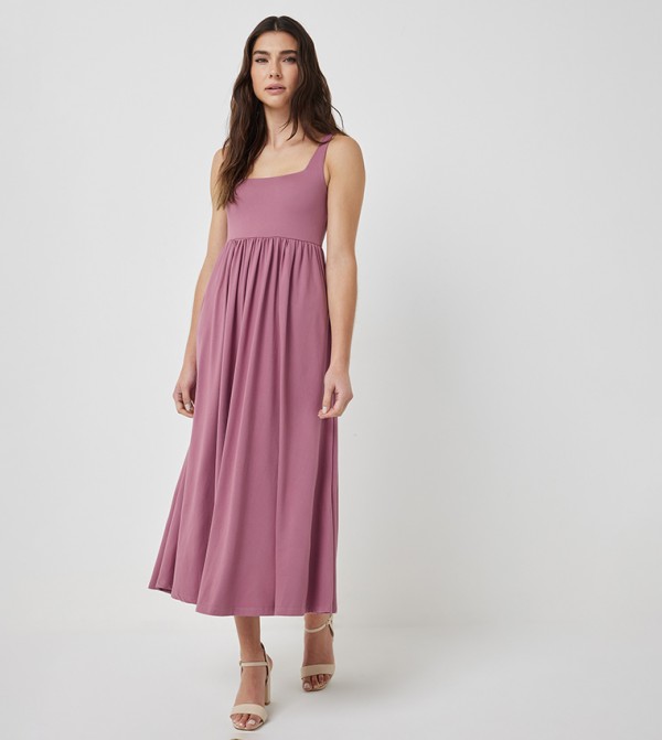Buy Ardene Solid Square Neck Flared Midi Dress In Pink | 6thStreet UAE