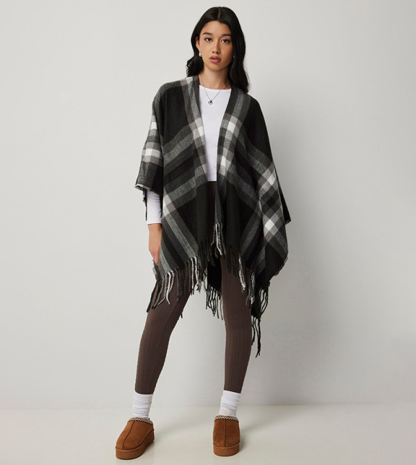 Buy Ardene Plaid Fringe Trim Poncho In Black | 6thStreet UAE