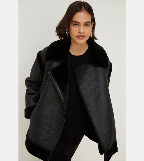 Buy Oasis Faux Shearling Aviator Jacket In Black | 6thStreet Kuwait