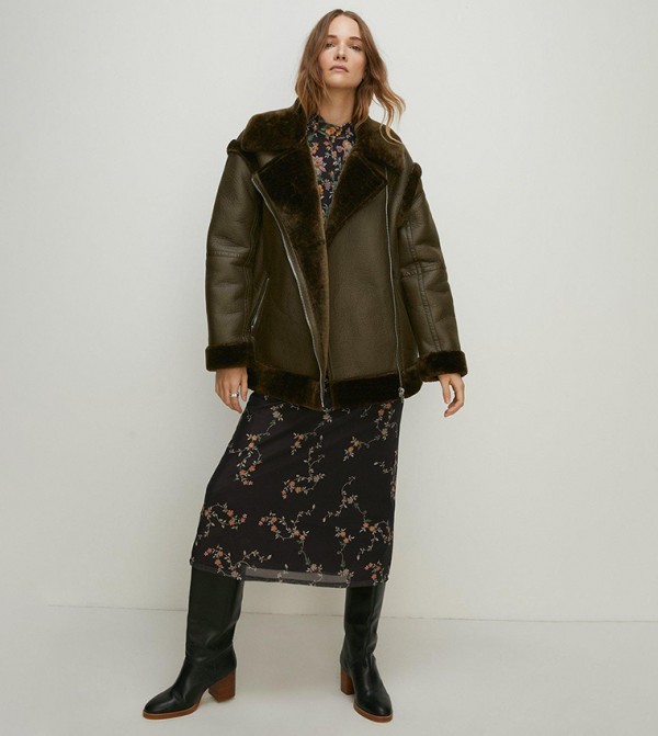 Buy Oasis Faux Shearling Aviator Jacket In Khaki | 6thStreet Kuwait