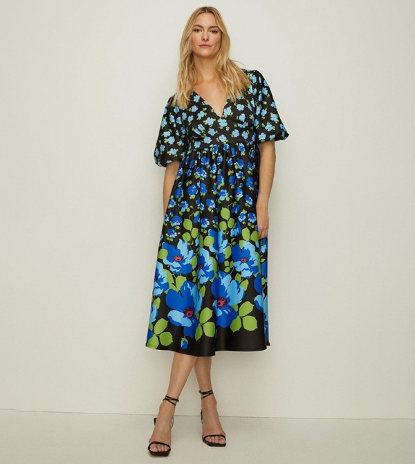 Buy Oasis Floral Puff Sleeves Scuba Midi Dress In Black | 6thStreet Qatar