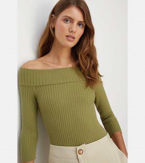 Buy Oasis 3/4 Sleeves Rib Bardot Knit Sweater In Green | 6thStreet ...