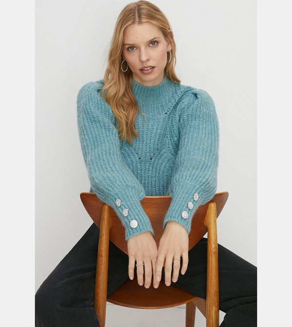 Buy Oasis Wool Blend Statement Button Pointelle Sweater In Green ...