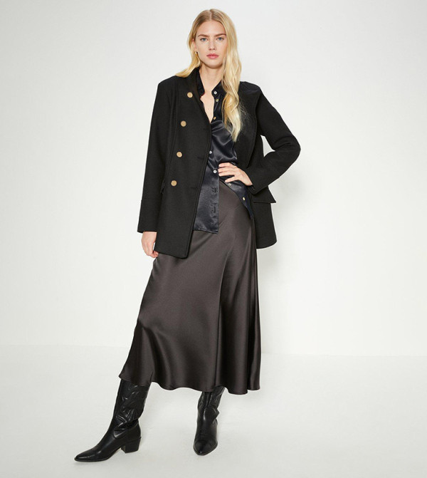 Buy Oasis Premium Italian Wool Mix Short Military Coat In Black ...