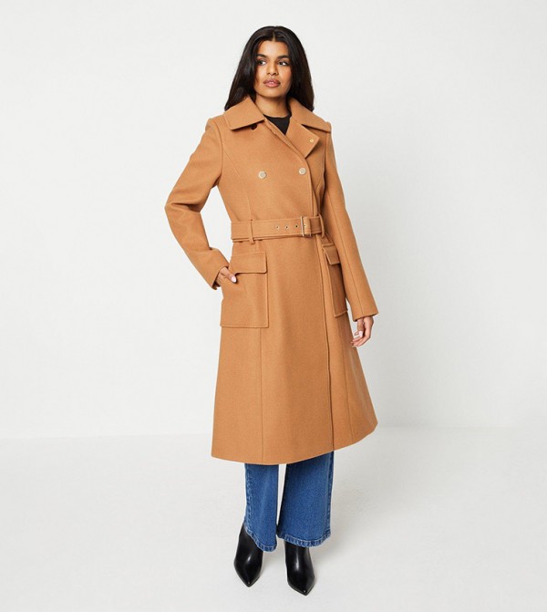 Buy Oasis Petite Wool Look Belted Popper Button Coat In Brown ...
