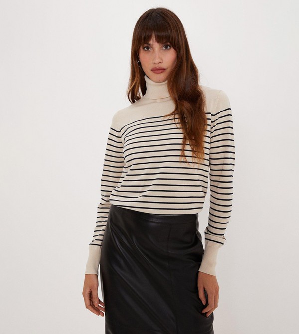 Buy Oasis Stripe Roll Neck Bretton Sweater In Beige 6thstreet Qatar
