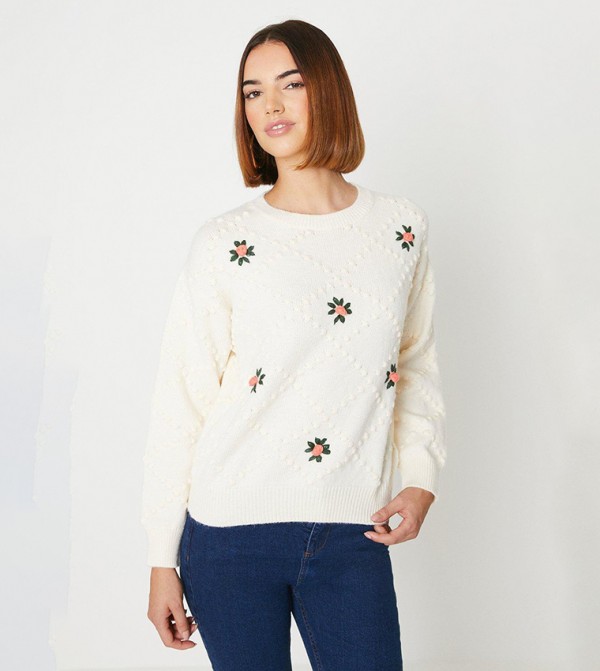 Buy Oasis Floral Embroidered And Bobble Sweater In Cream | 6thStreet ...
