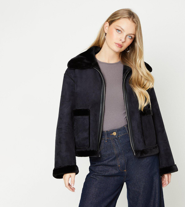 Buy Oasis Reversible Shearling Zip Through Jacket In Black | 6thStreet UAE