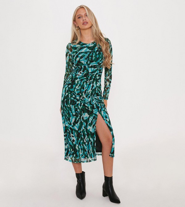Buy Oasis Abstract Print Mesh Ruched Front Midi Dress In Green ...