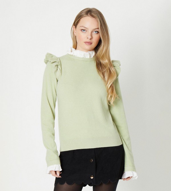 Buy Oasis Ruffle Shoulder Sweater With Frill Neck & Cuff In Green ...