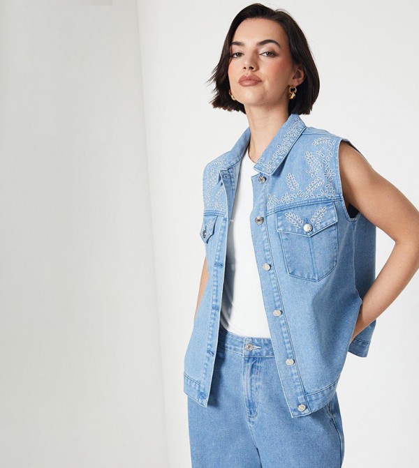 Buy Oasis Cutwork Embroidered Denim Gilet In Blue | 6thStreet Qatar