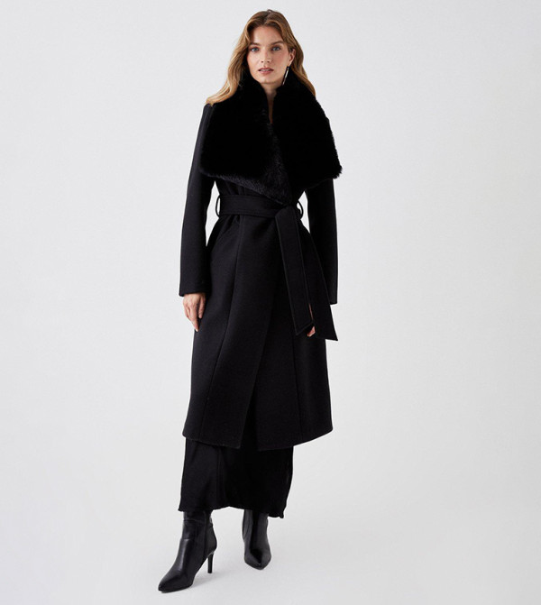 Buy Coast Faux Fur Collar Belted Wrap Coat In Black | 6thStreet UAE