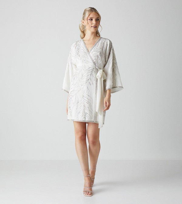 Buy Coast Hand Embellished Kimono Sleeves Wrap Mini Dress In Ivory ...