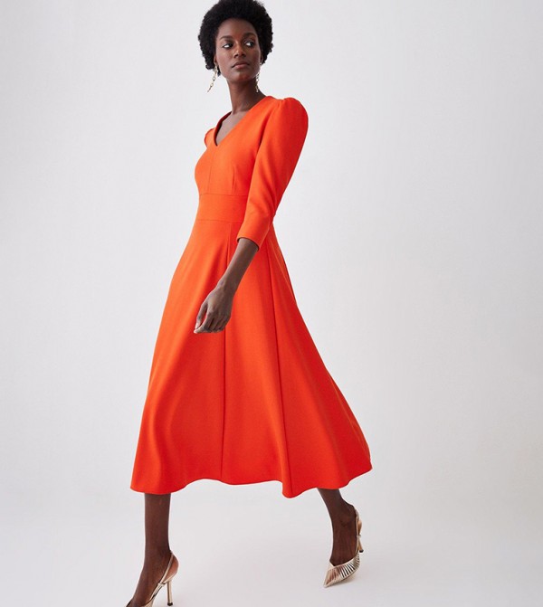 Buy Karen Millen Structured Crepe Full Skirted Midi Dress In Orange ...