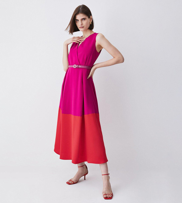 Buy Karen Millen Soft Tailored Full Skirt Belted Color Block Midi Dress ...
