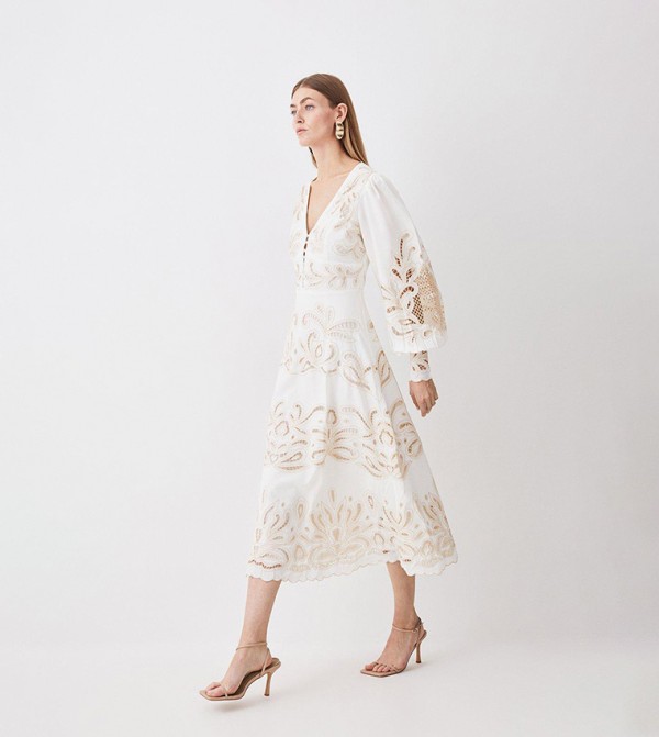 Buy Karen Millen Mirrored Cutwork Tie Front Woven Midi Dress In White ...