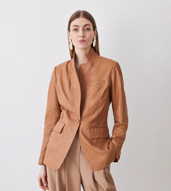 Buy Karen Millen Washed Leather Notch Neck Forever Jacket In Beige ...