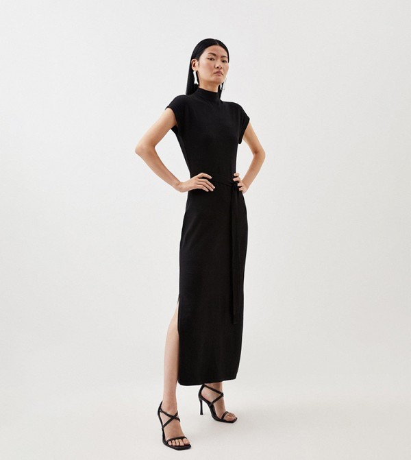 Buy Karen Millen Viscose Blend Belted Knitted Midaxi Dress In Black