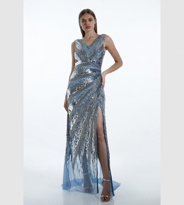 Buy Karen Millen Deco Crystal Embellished Plunge Maxi Dress In Blue
