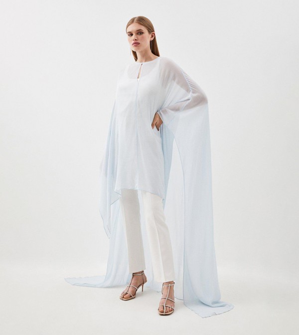 Buy Karen Millen Sheer Woven High Low Cape Overcoat In Blue | 6thStreet ...