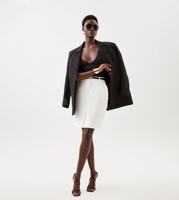 Buy Karen Millen Compact Stretch Split Front Pencil Midi Skirt In White ...