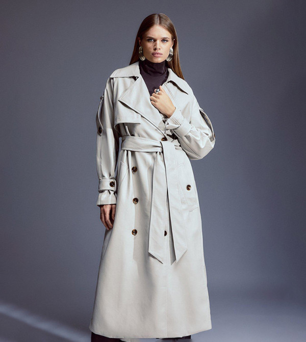 Buy Karen Millen Pu Tailored Belted Storm Flap Trench Coat In STONE ...