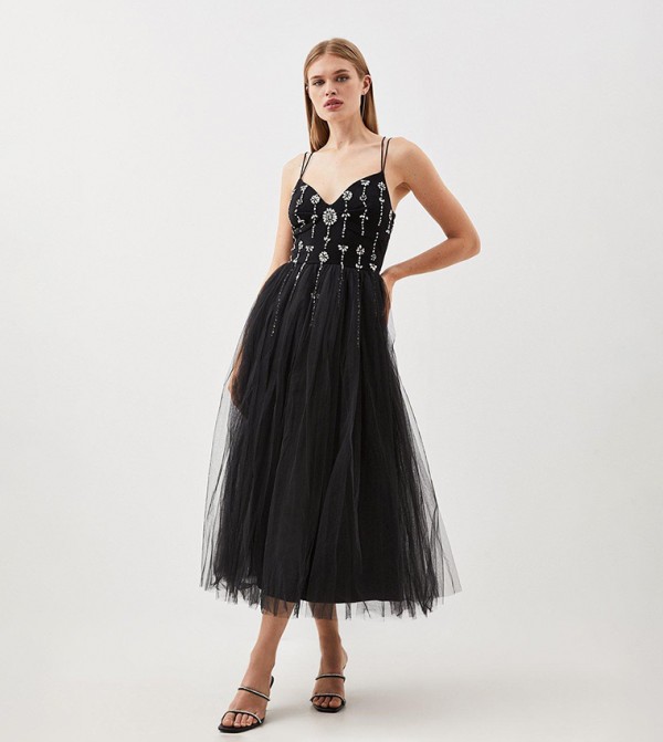 Buy Karen Millen Crystal Embellished Tulle Midi Dress In Black