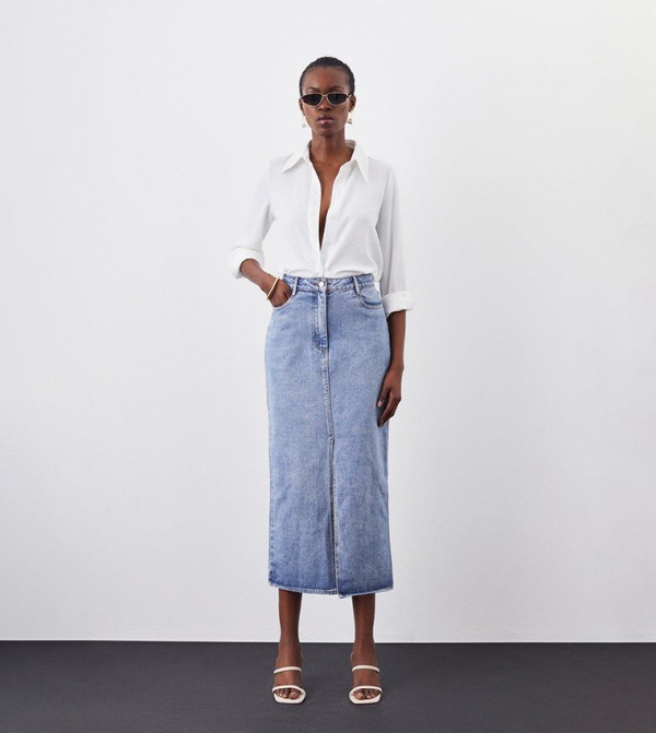 Buy Karen Millen Outlet High Rise Denim Midi Skirt In Blue | 6thStreet UAE