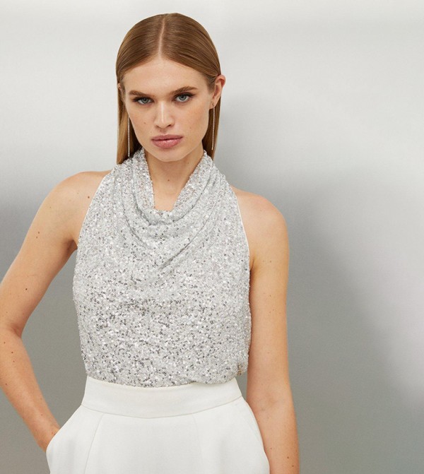 Buy Karen Millen Jersey Sequin Cowl Neck Top In Silver | 6thStreet ...
