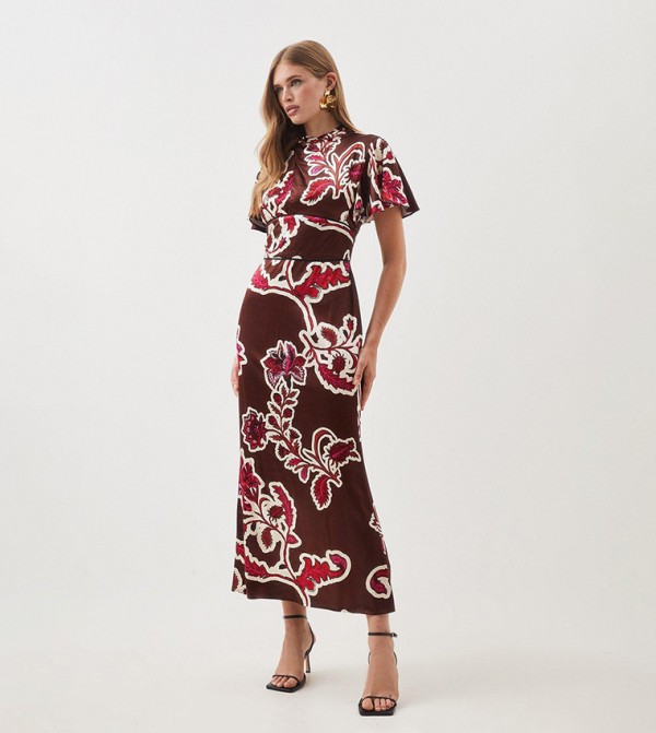Buy Karen Millen Batik Viscose Satin Angel Sleeves Woven Midi Dress In ...