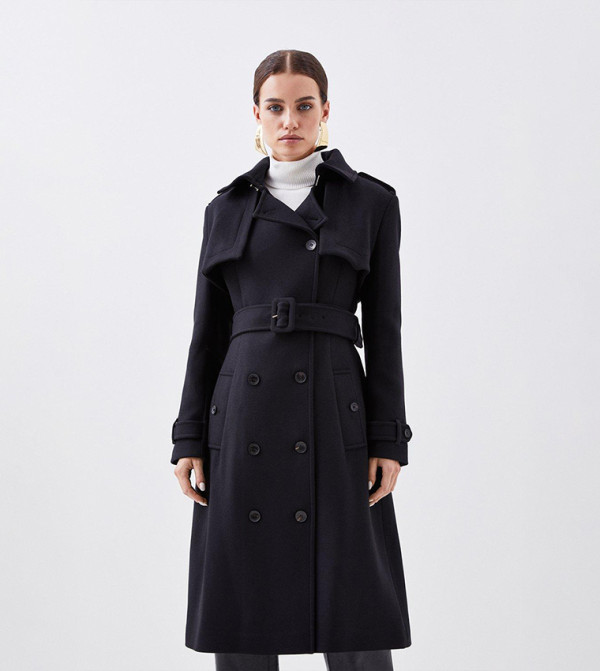 Buy Karen Millen Tailored Wool Blend Storm Flap Detail Belted Trench ...