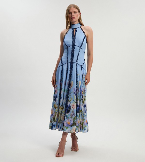 Buy Karen Millen Trailing Floral Woven Halter Neck Maxi Dress In Blue ...
