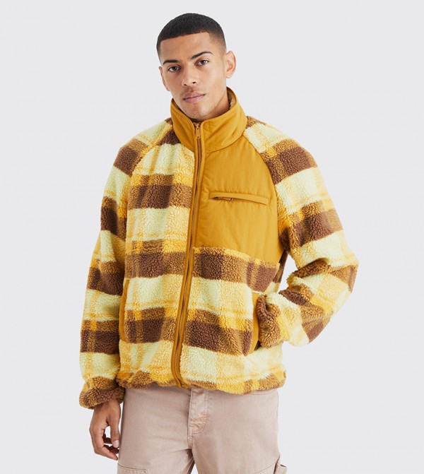Buy BoohooMAN Checkered Borg Jacket With Nylon Panel In Yellow ...