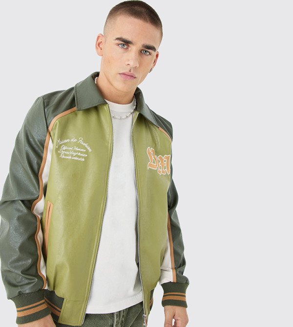 Buy BoohooMAN BM Badge Collared PU Varsity Jacket In Green | 6thStreet UAE