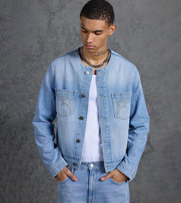 Buy BoohooMAN P Star Regular Fit Boxy Collarless Denim Jacket In Light ...
