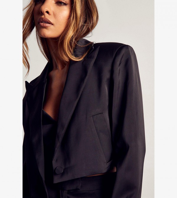 Buy MissPap Boxy Cropped Shoulder Pad Blazer In Black | 6thStreet UAE