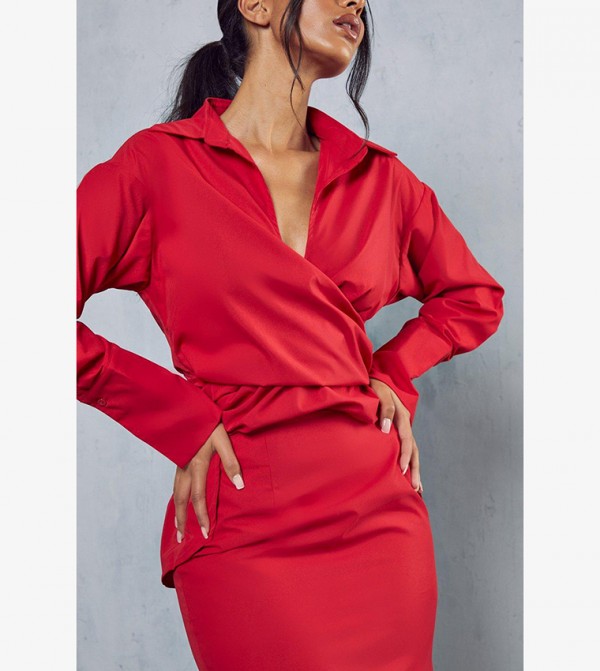 Buy MissPap Wrap Over Shirt Co Ord Set In Red | 6thStreet Saudi Arabia
