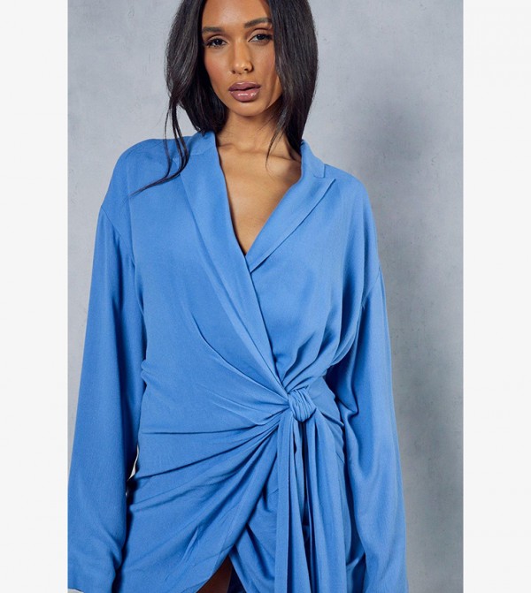 Buy MissPap Textured Linen Draped Shoulder Pad Wrap Dress In Blue ...